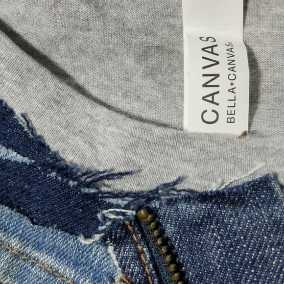 Tops | Tasty Raw Edge Denim Zipped Tshirt Dangle Earrings | Poshmark